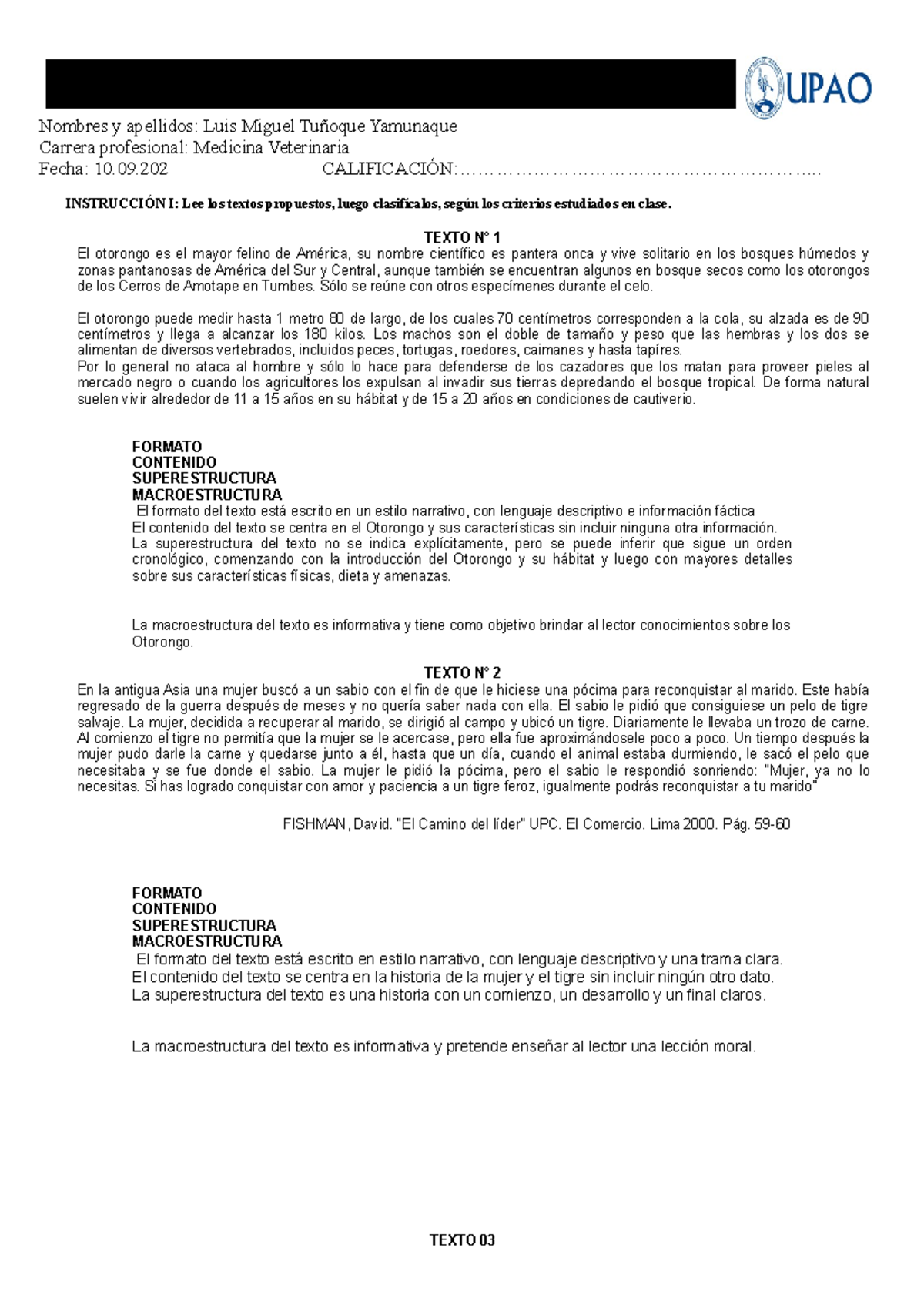 Sem 01 Tarea practica calificada luis - INSTRUCCIÓN I: Lee los textos propuestos, luego - Studocu