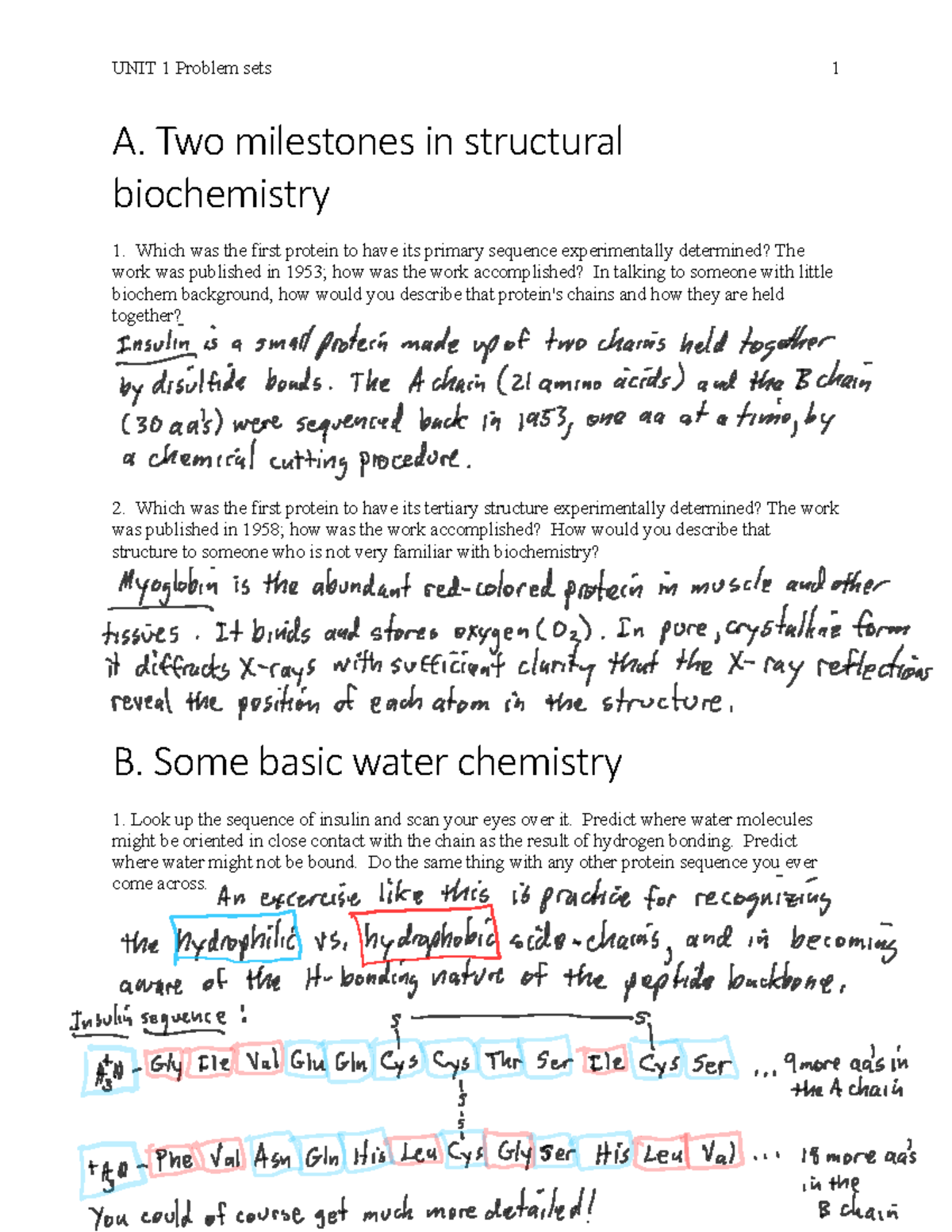 Unit 1 extra problems - A. Two milestones in structural biochemistry ...