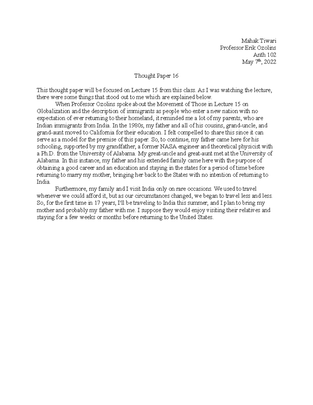 TP 16 MT - Thought Paper 16 - Mahak Tiwari Professor Erik Ozolins Anth ...