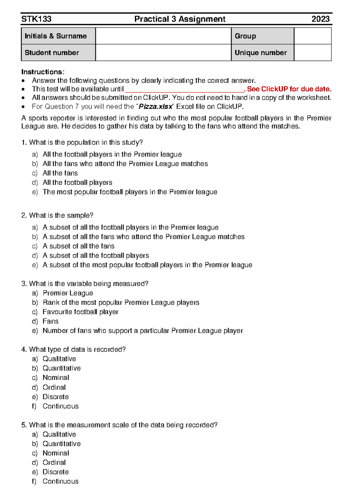 STK133 - Practical 3 Assignment - 2023 - STK 133 Practical 3 Assignment 2023 Initials & Surname ...