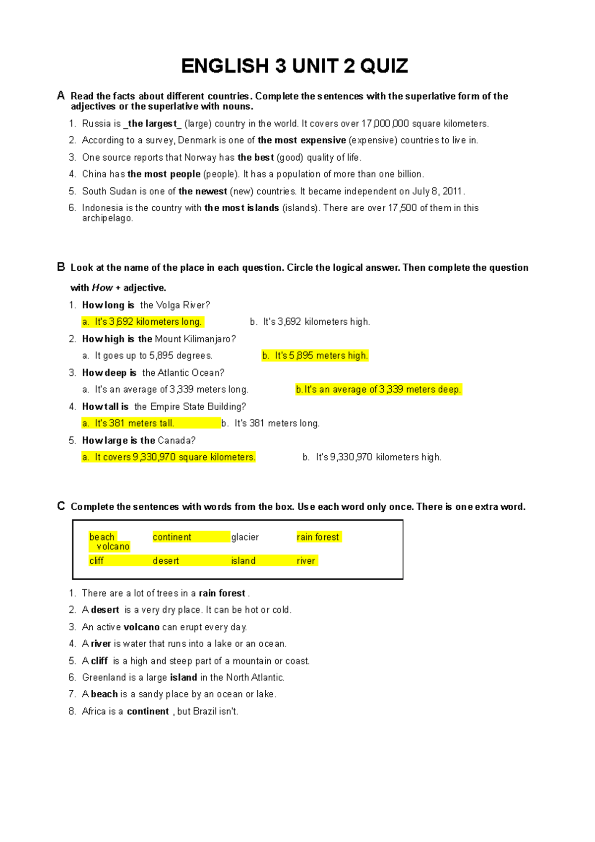 Unit 3 quiz english 3 Sarahí - ENGLISH 3 UNIT 2 QUIZ A Read the facts ...