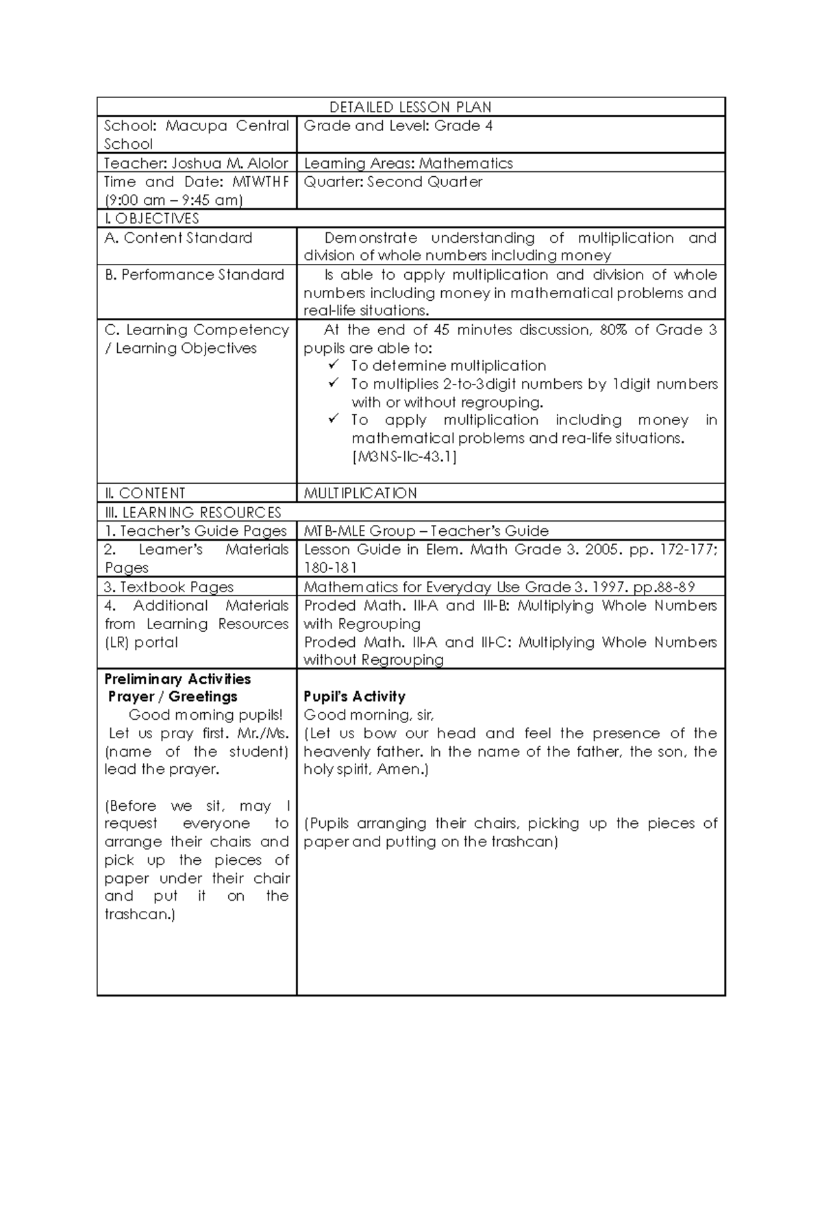 Multiplication LP 052700 - DETAILED LESSON PLAN School: Macupa Central ...