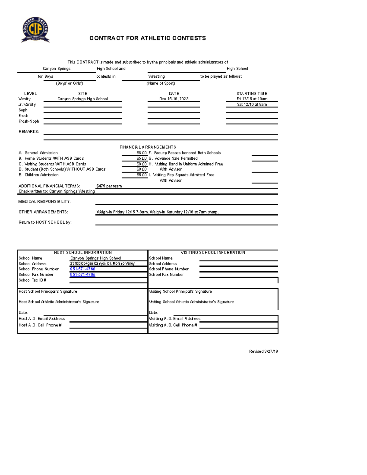 RHM Dec 15-16, 2023 Contract - CONTRACT FOR ATHLETIC CONTESTS This ...