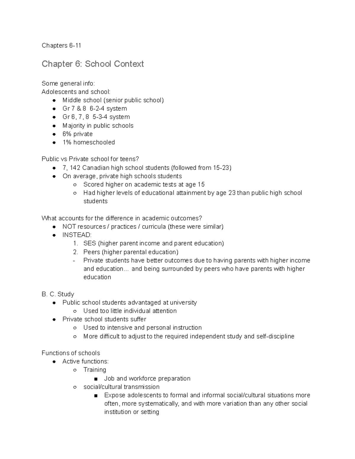 PS276 Final EXAM - Chapters 6- Chapter 6: School Context Some general ...