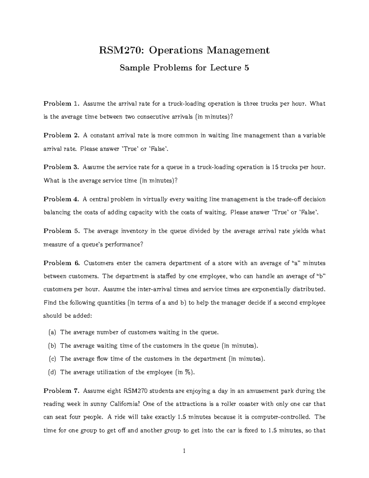 Sample Problems - Lecture 5 - Without Solutions - RSM270: Operations ...