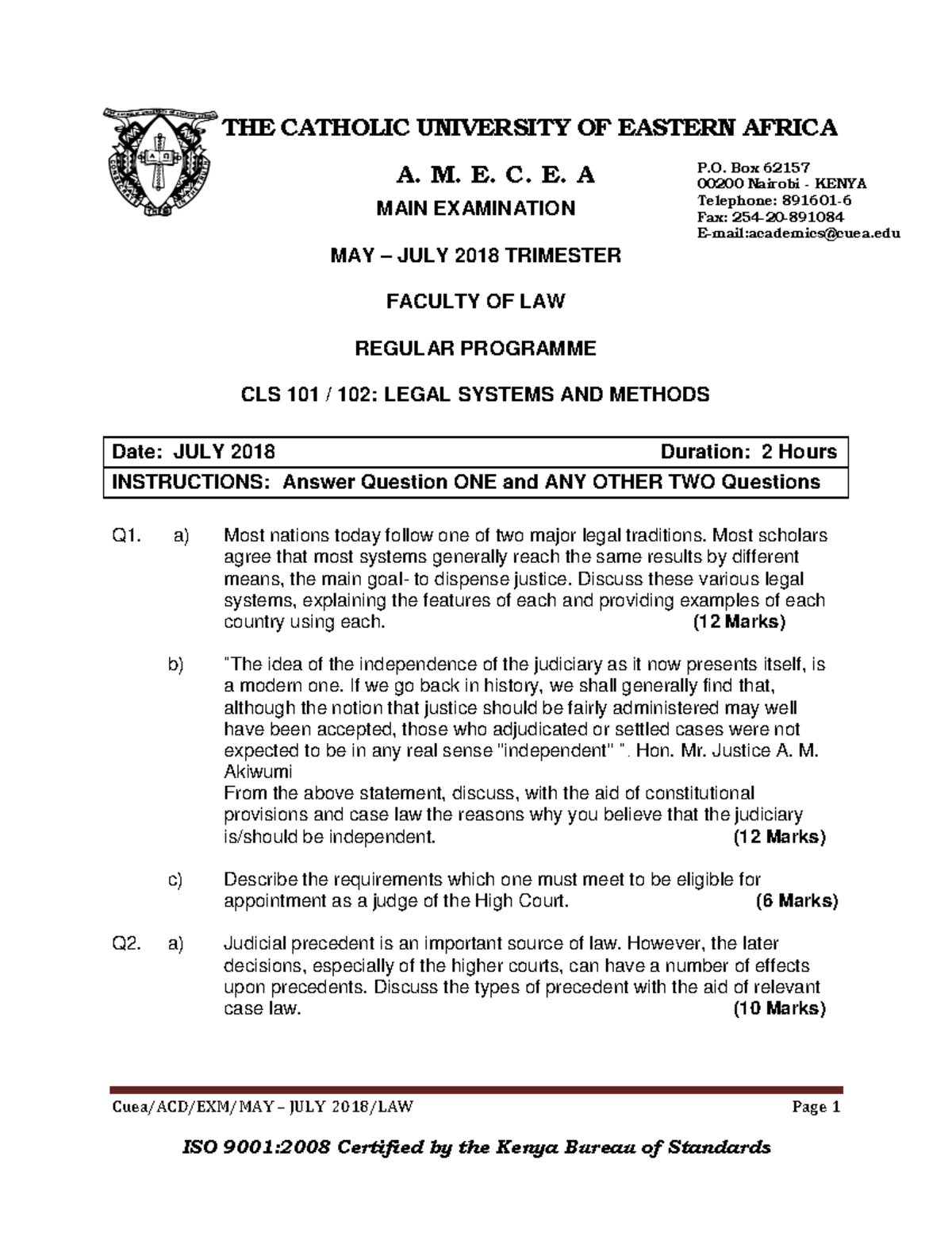 CLS 101 - Sample exam - Cuea/ACD/EXM/MAY – JULY 2018/LAW Page 1 ISO ...