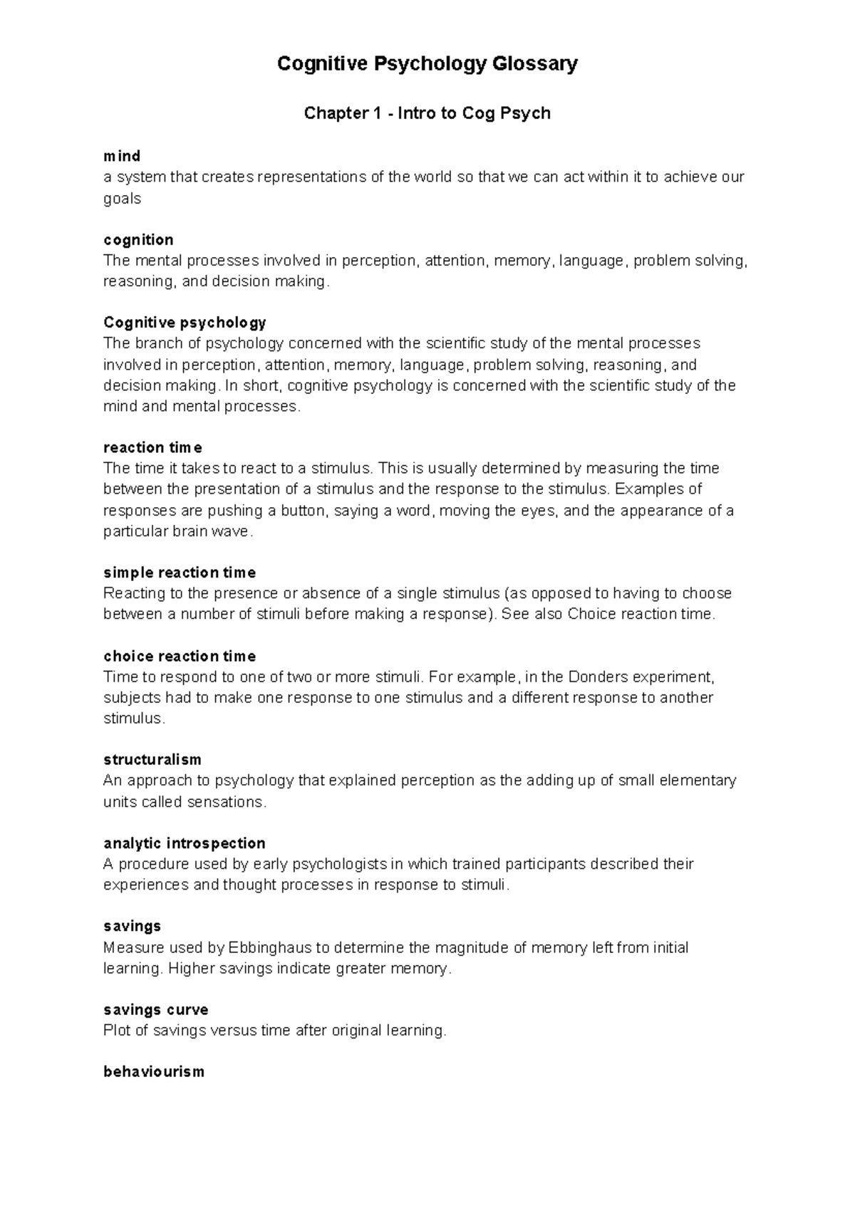 Cog Psych Glossary - Chapter 1 - Intro to Cog Psych mind a system that ...