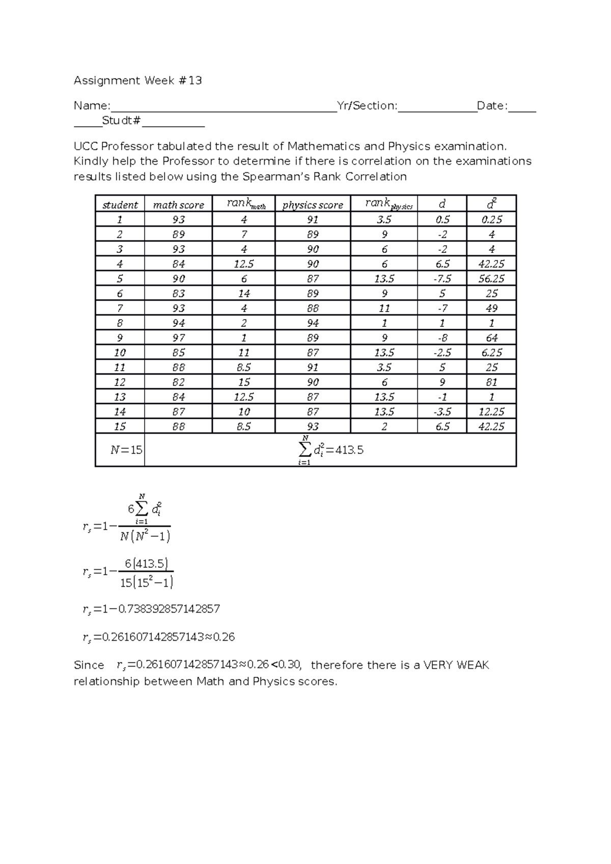 STATISTICS ANSWER CORRELATION - Assignment Week # - Studeersnel