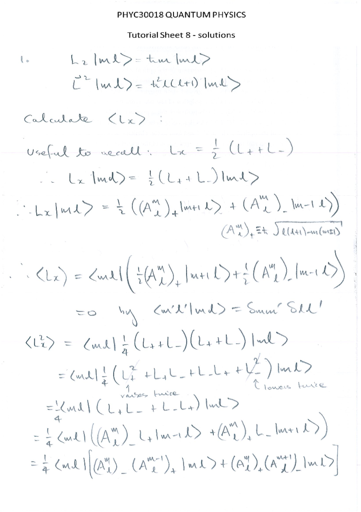 Tutorial Week 8 solutions - PHYC30018 QUANTUM PHYSICS Tutorial Sheet ...