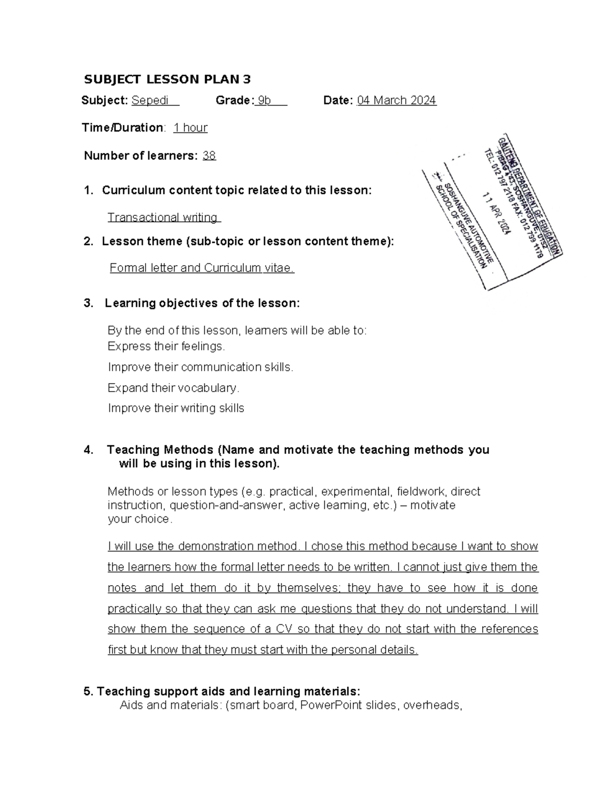 Honesty Declaration FORM - SUBJECT LESSON PLAN 3 Subject: Sepedi Grade ...