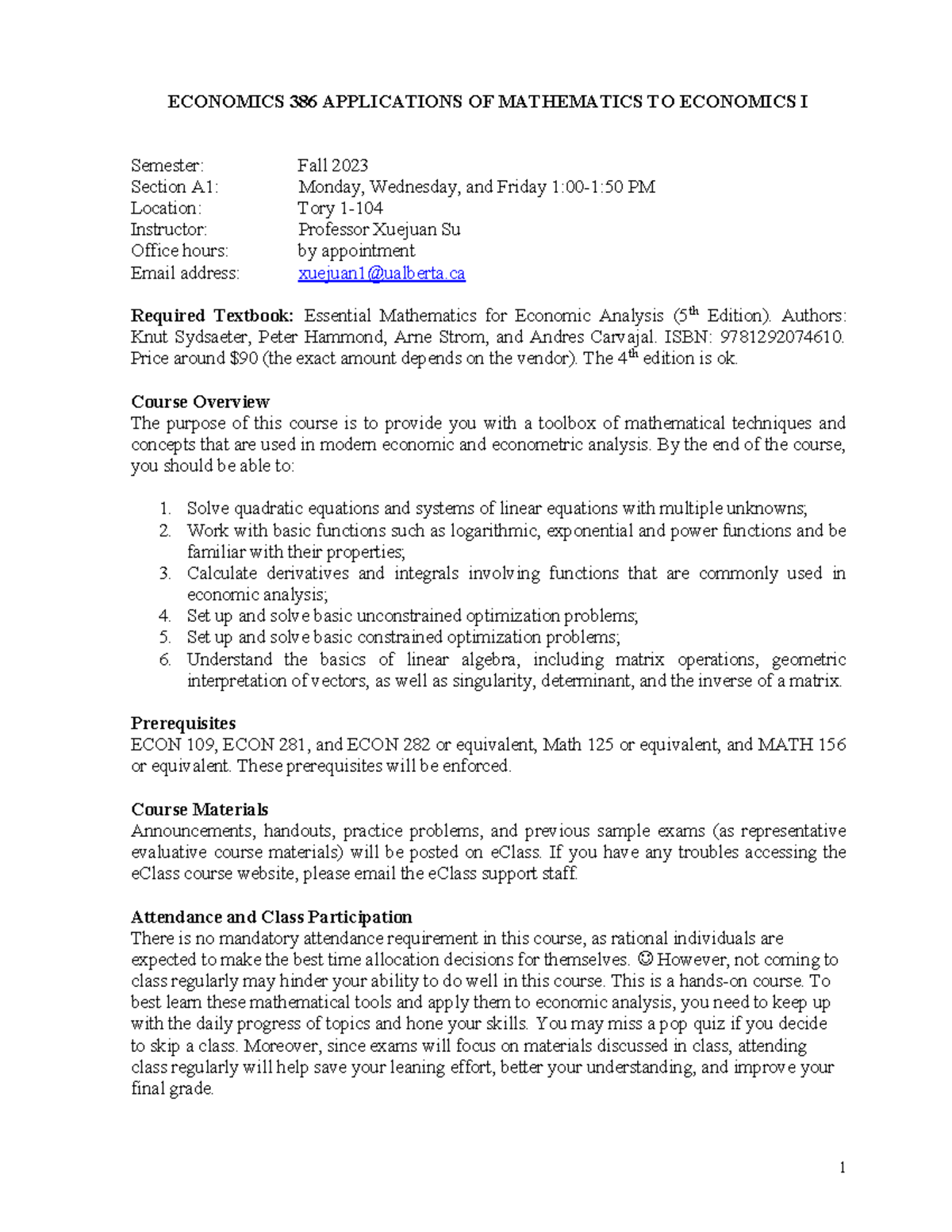 2023 Fall ECON 386 Lecture A1 - ECONOMICS 386 APPLICATIONS OF ...