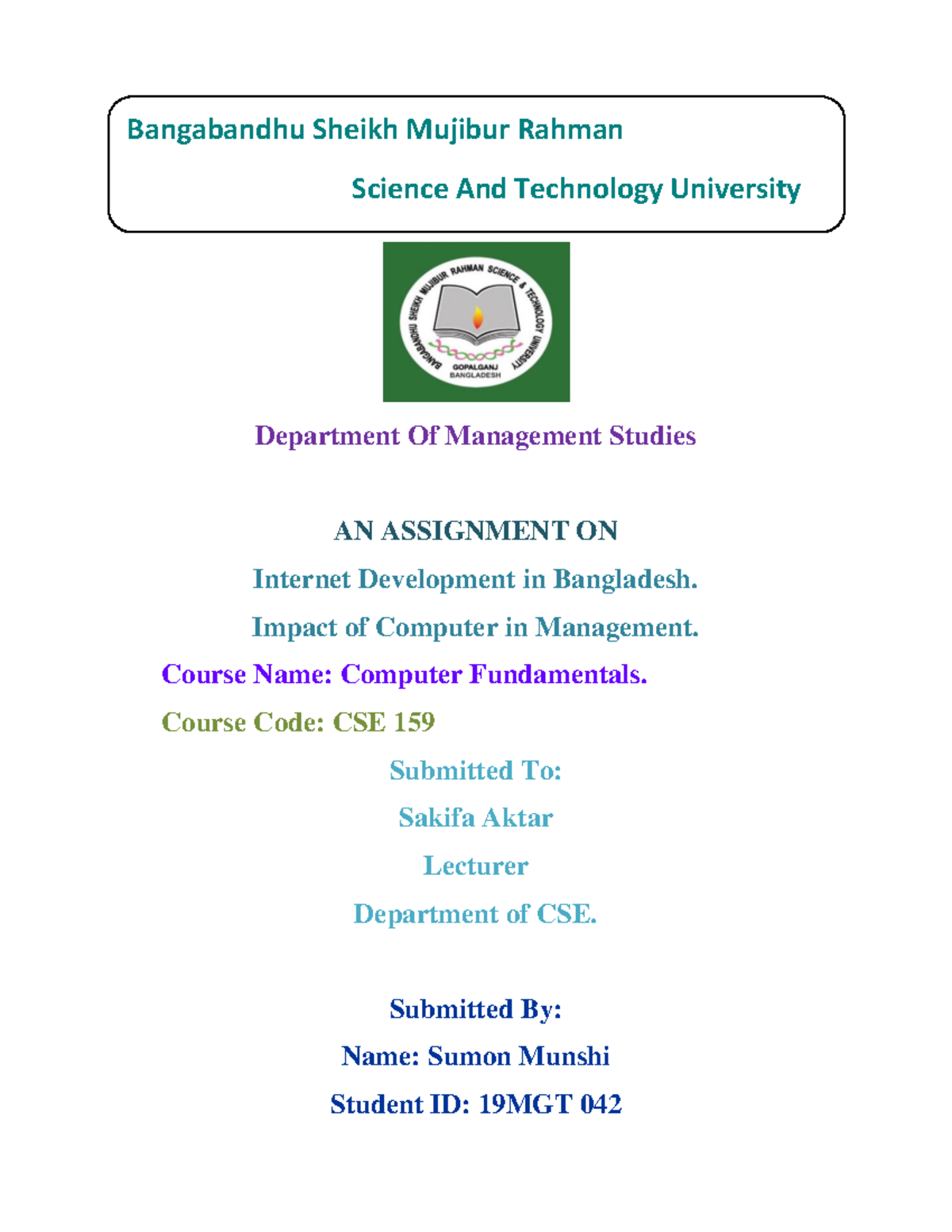 CSE assignment about importance of computer in MIS - Department Of ...
