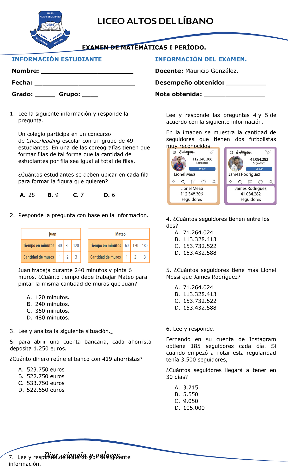 Examen 5° MATH 2023 ...