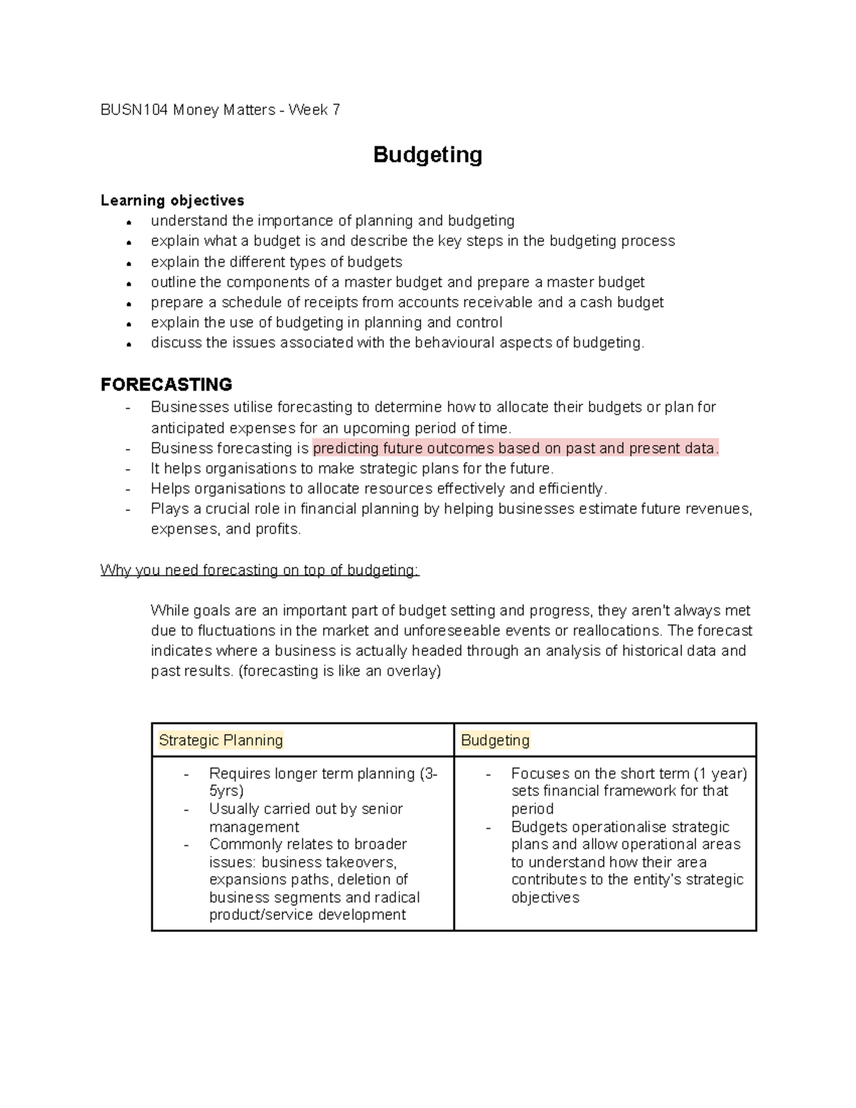 BUSN104 Week 7 - Budgeting - BUSN104 Money Matters - Week 7 Budgeting ...