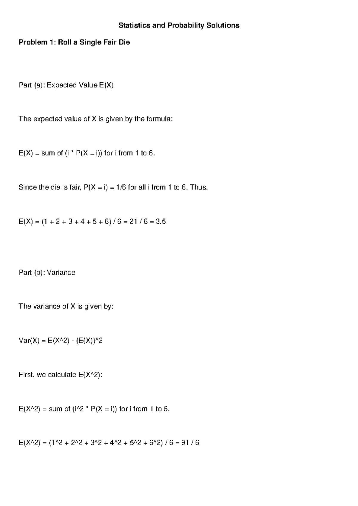 Statistics probability solutions - Problem 1: Roll a Single Fair Die ...