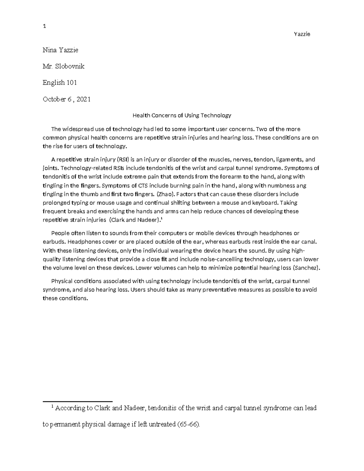 SC WD 2 Technology Health Concerns Paper Putri Izzatul - 1 Yazzie Nina ...