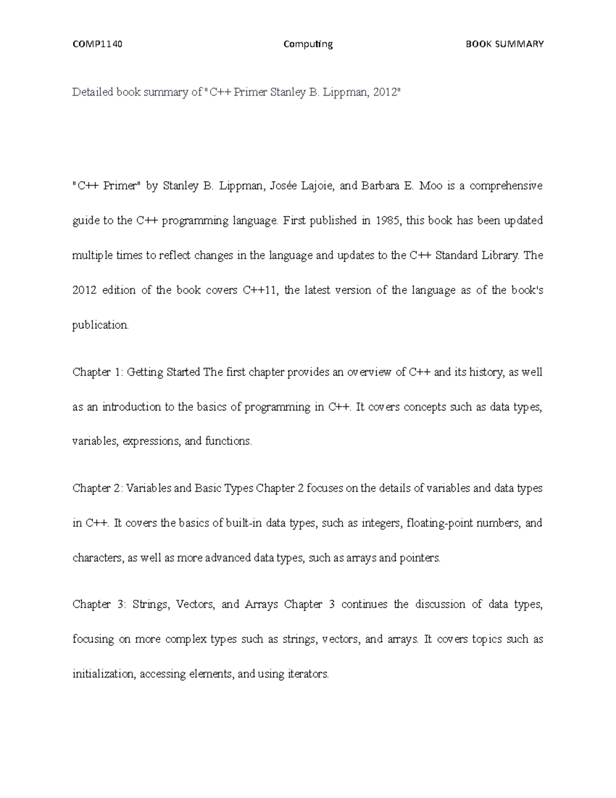 Detailed book summary of C++ Primer - Lippman, 2012" "C++ Primer" by ...