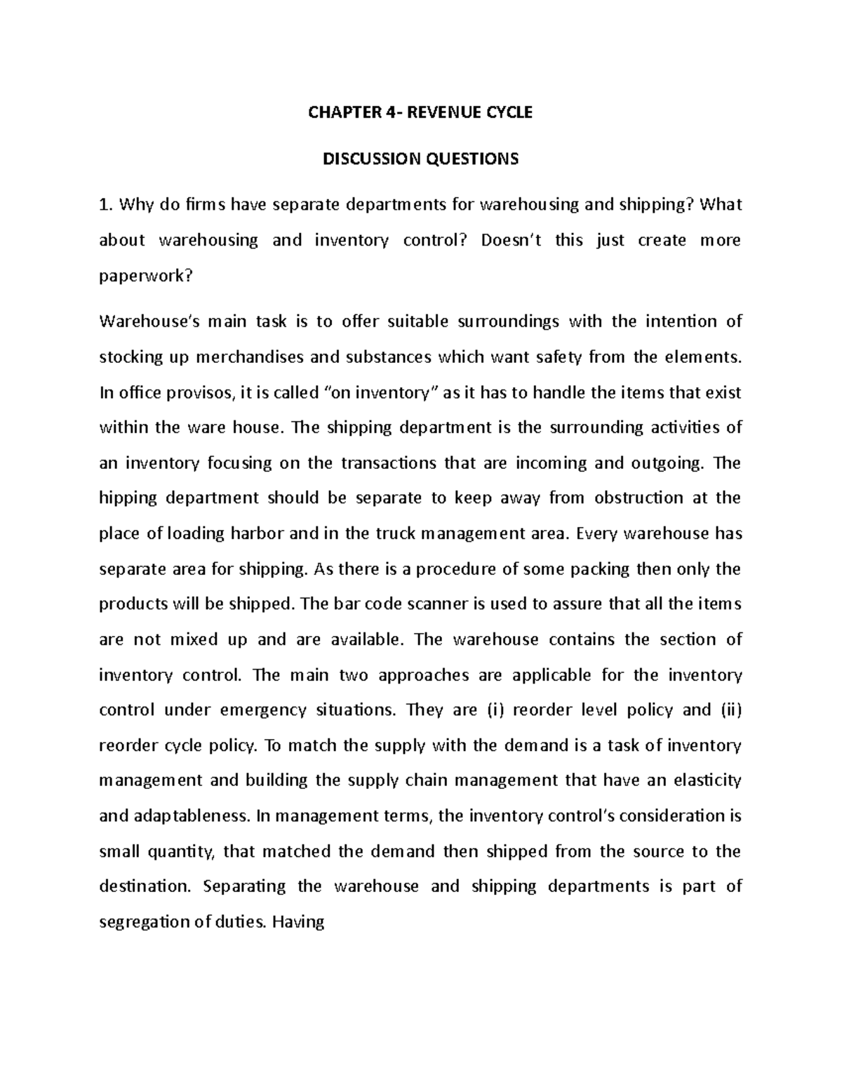 Chapter 4- Revenue Cycle Disscussion Questions - CHAPTER 4- REVENUE ...