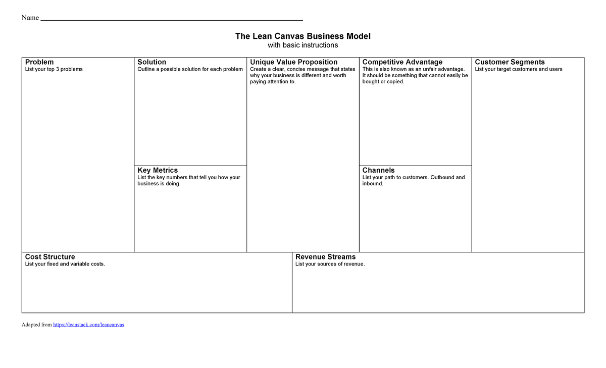 Lean Canvas Template-1 (1) - Name The Lean Canvas Business Model with ...