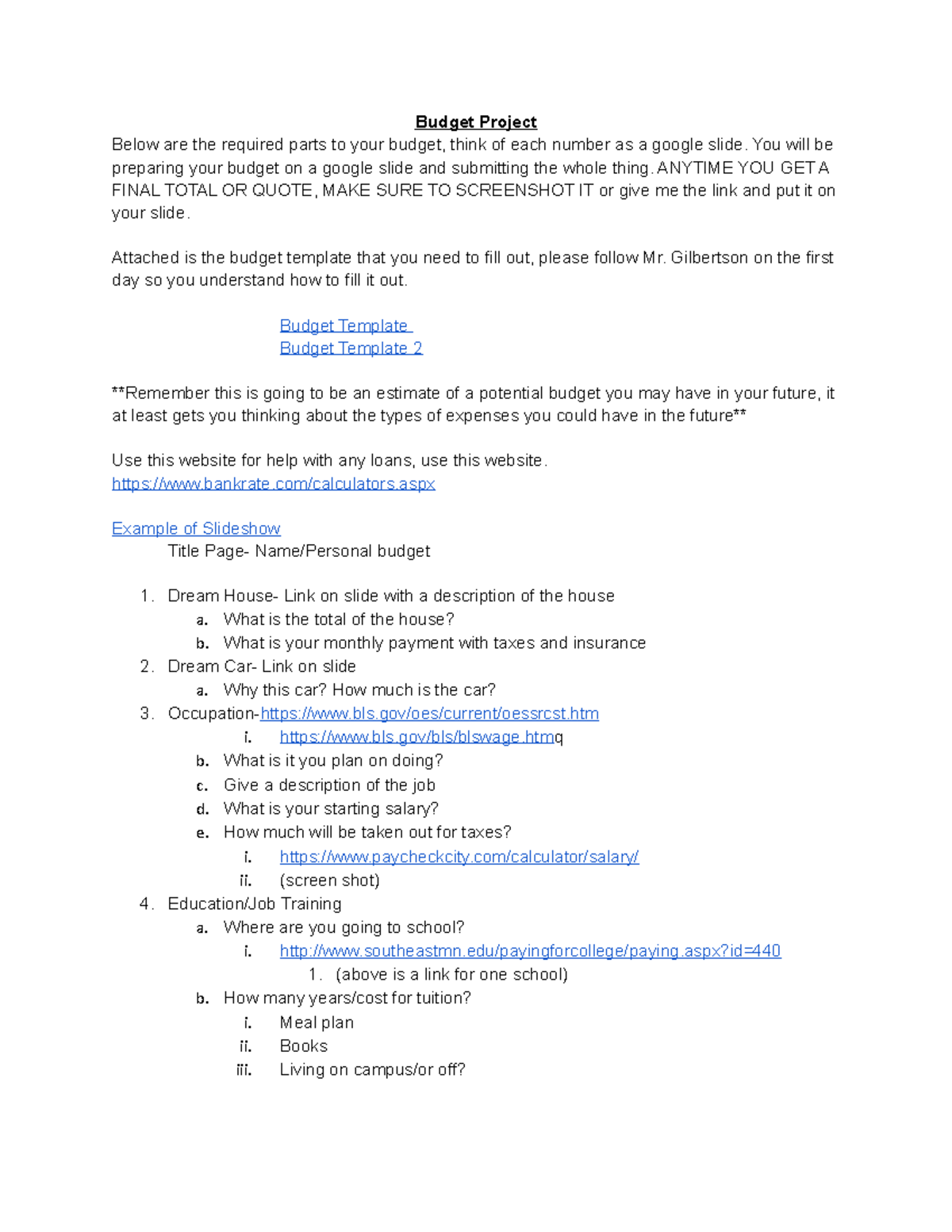 Life After High School Slide Requirements - Budget Project Below are ...