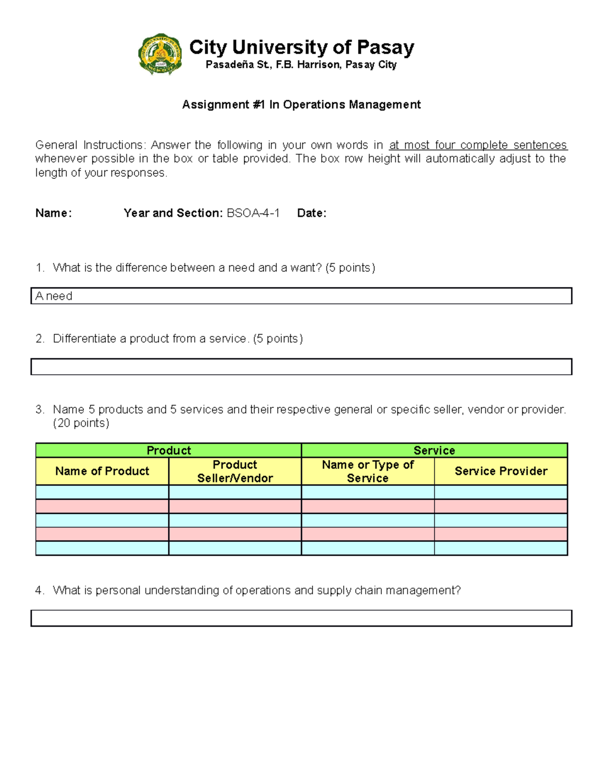 Assignment #1 in Operations Management - City University of Pasay Pasadeña St., F. Harrison ...