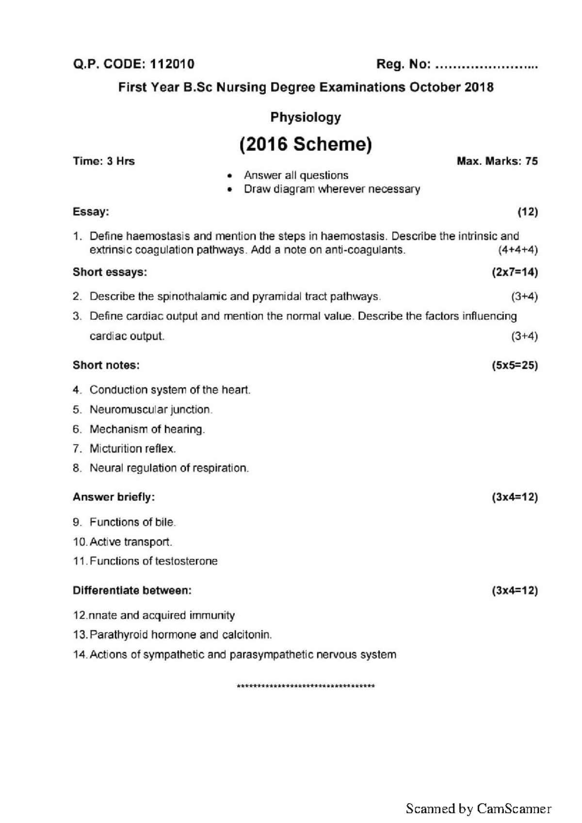 First yr physiology question paper - Bsc nursing - Studocu