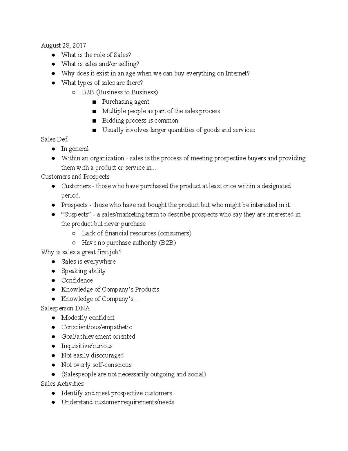 MKTG 3010 Notes - August 28, 2017 What is the role of Sales? What is ...