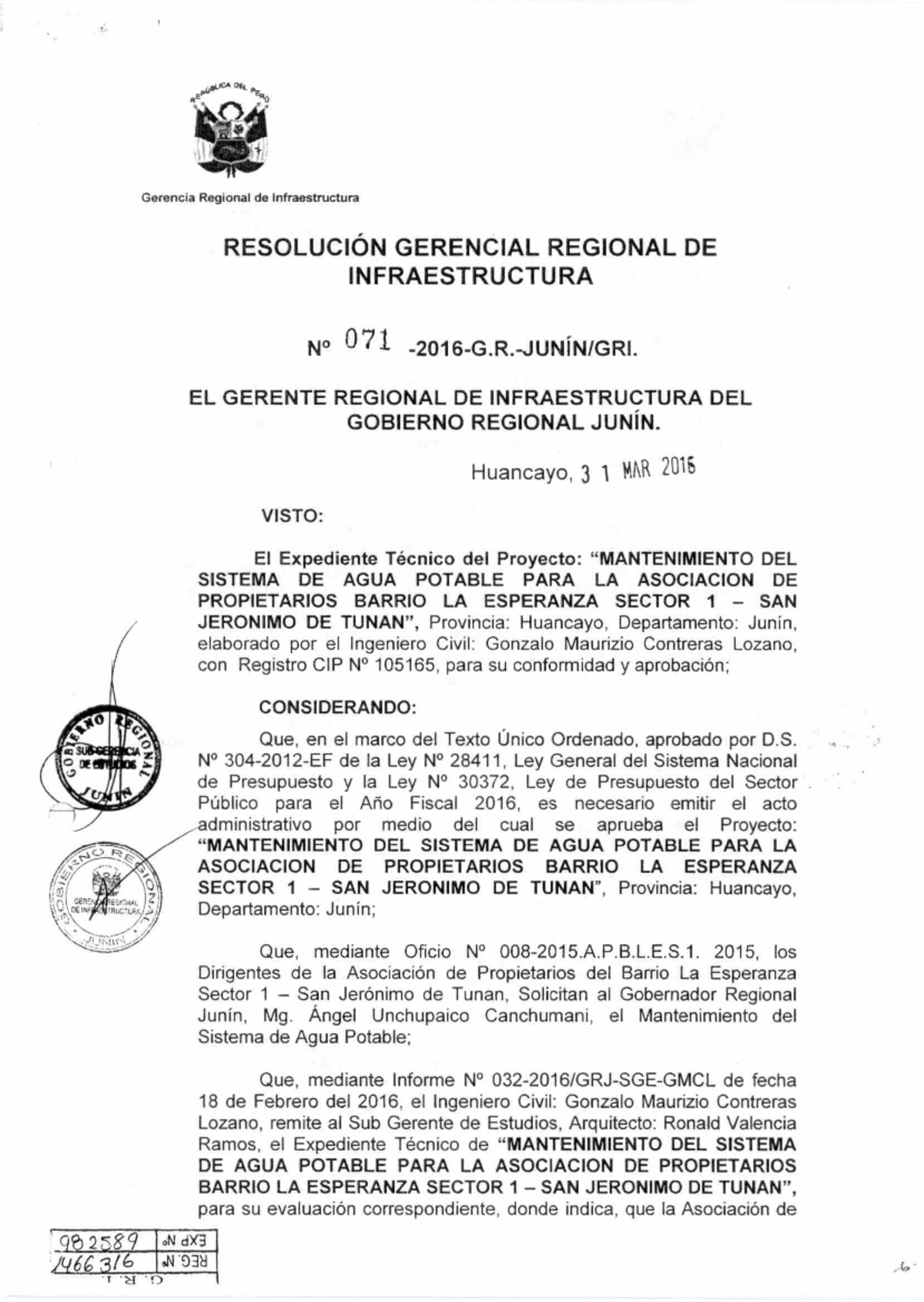 Resoluci n Gerencial Regional de Infraestructura N 071-2016-GR- Junin GRI - Gerencia Regional de ...