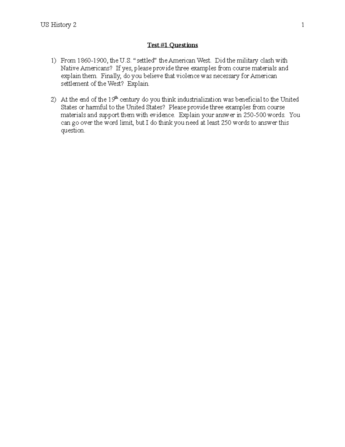 Hist - Test 1 Questions - US History 2 Test #1 Questions From 1860-1900 ...