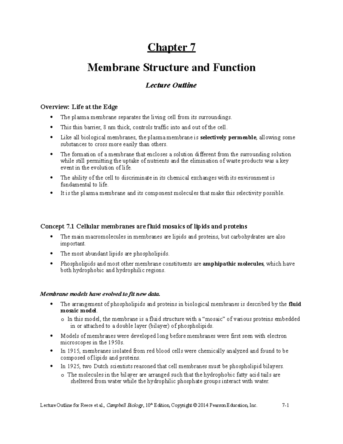 Reece 10e Lecture Ch07 - Chapter 7 Membrane Structure and Function ...