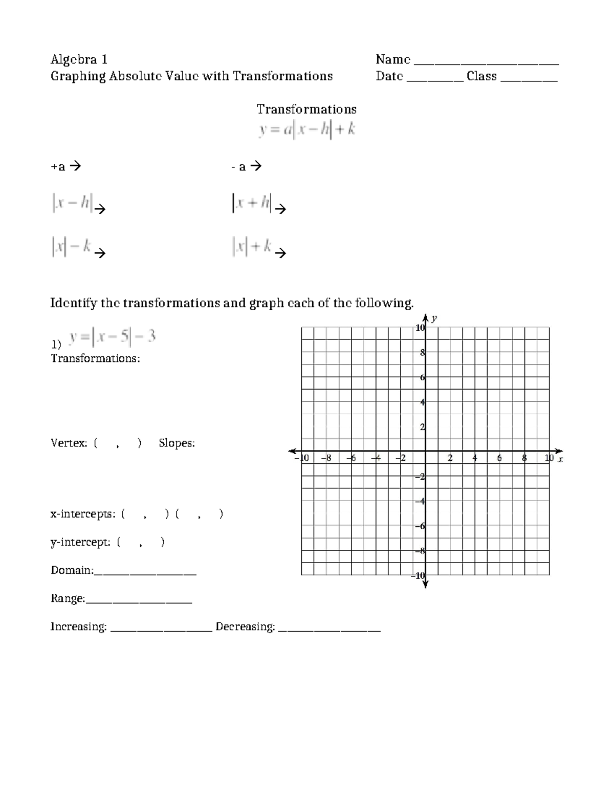 Alg1 52 Graphing Absolute Value Functions And Transformations Notes 1