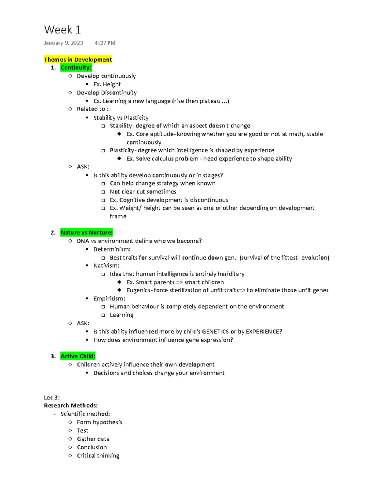 Psych 2AA3- Week 1 notes - Themes in Development Continuity: Develop ...