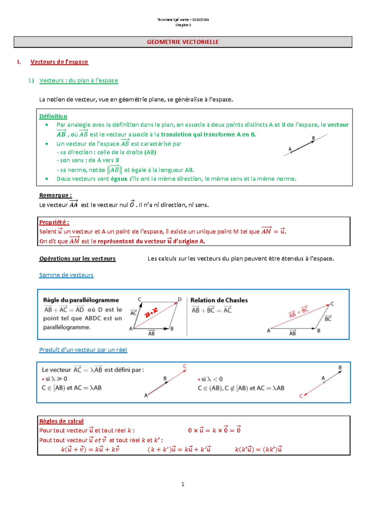 Ch 2 - Géométrie vectorielle - Terminale Spé maths – 2023 /202 4 ...