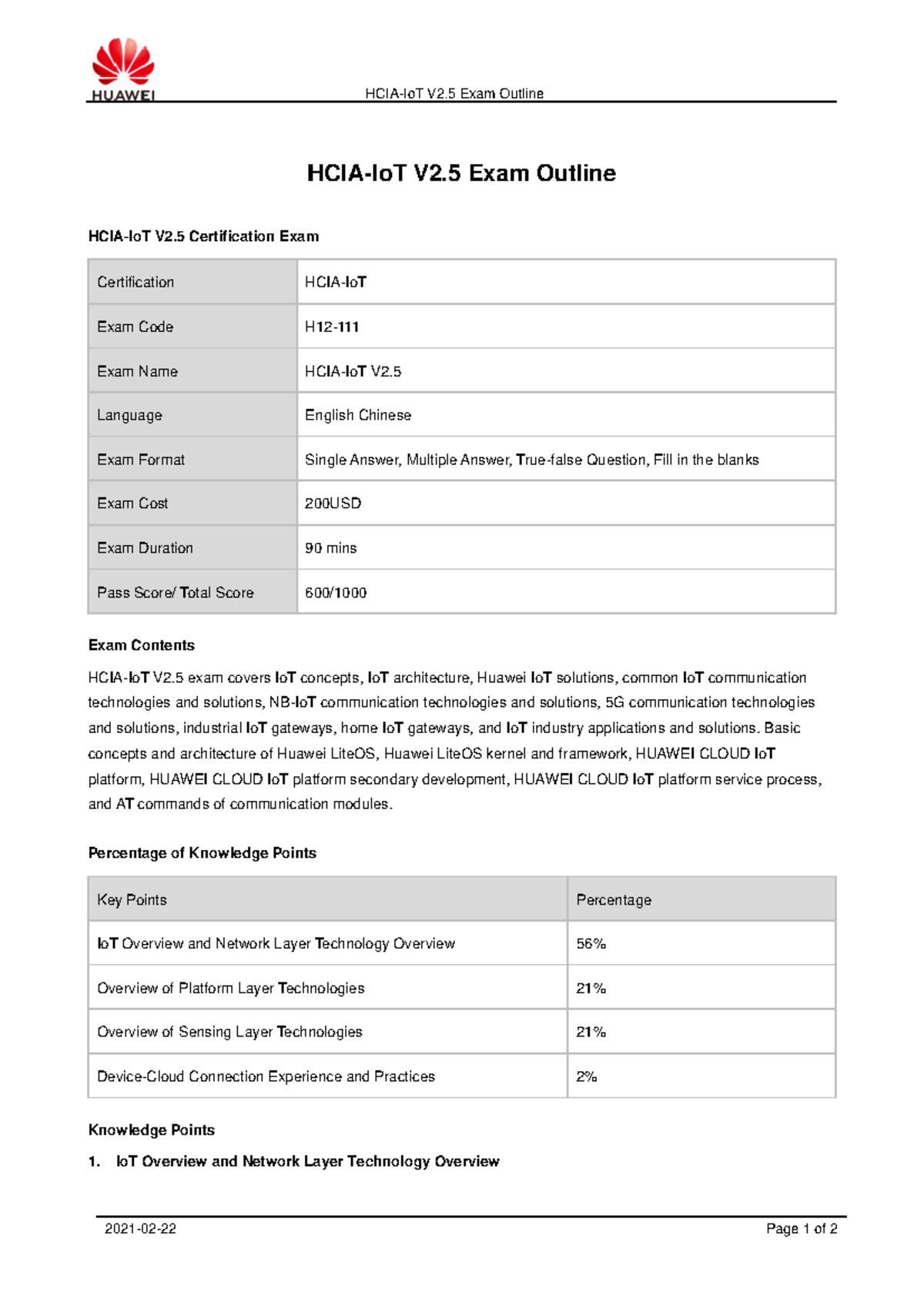 HCIA-Io T+V2.5+Exam+Outline - HCIA-IoT V2 Exam Outline 2021-02-22 Page ...