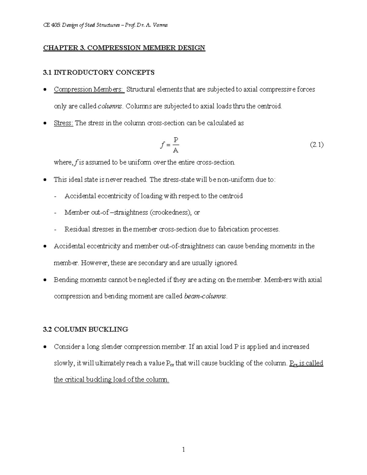 Compression-member - Summary Steel Design - CHAPTER 3. COMPRESSION ...