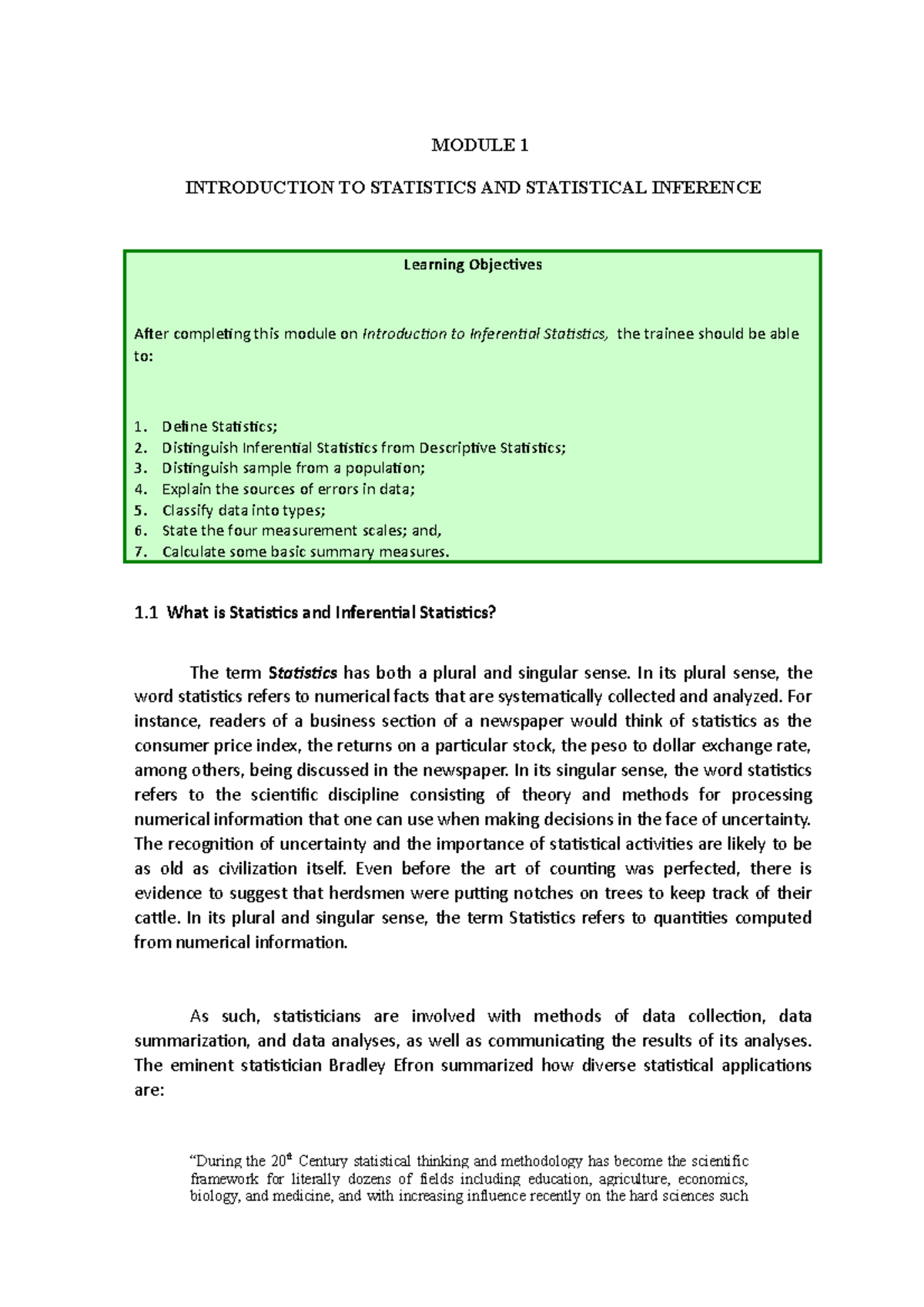 Module 1 Stat by PSA - MODULE 1 INTRODUCTION TO STATISTICS AND ...