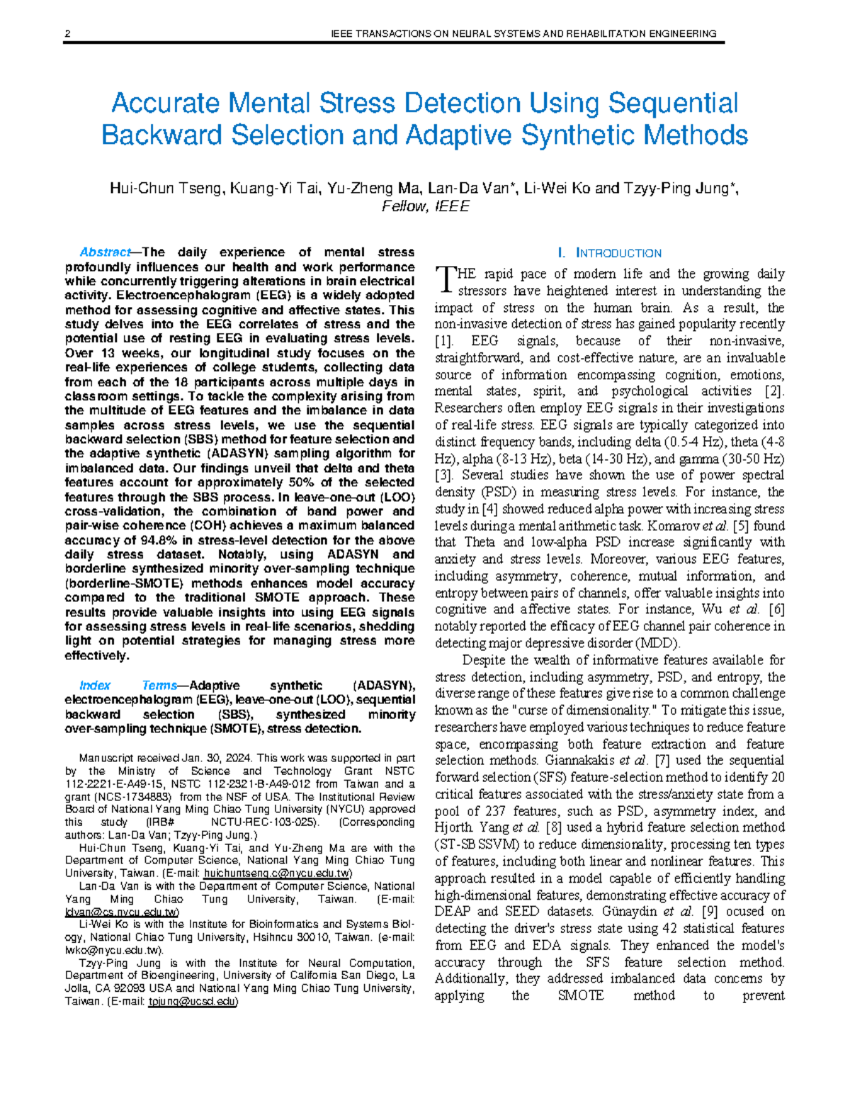 Accurate Mental Stress Detection Using Sequential Backward Selection