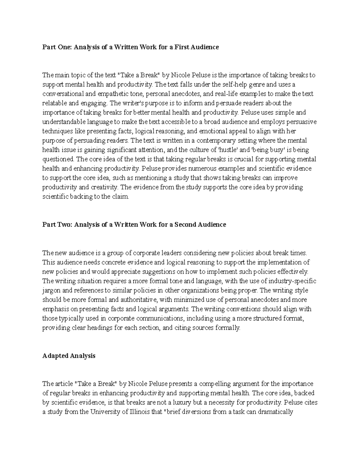 Redo assignment Eng130 - Part One: Analysis of a Written Work for a ...