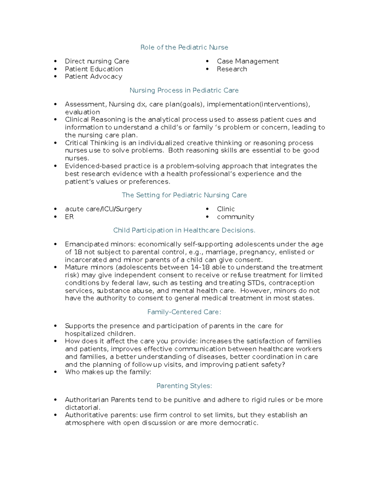 Intro outline - N/a - Role of the Pediatric Nurse Direct nursing Care ...
