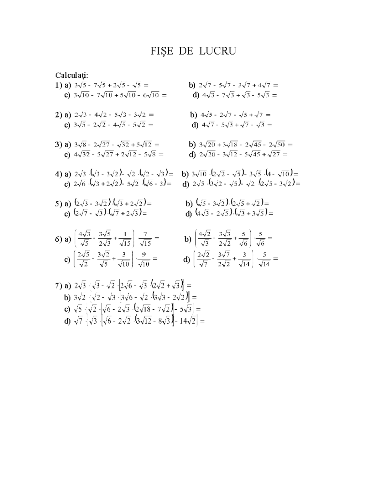 Fisa de lucru - operatii cu radicali - Didactica - FIŞE DE LUCRU ...