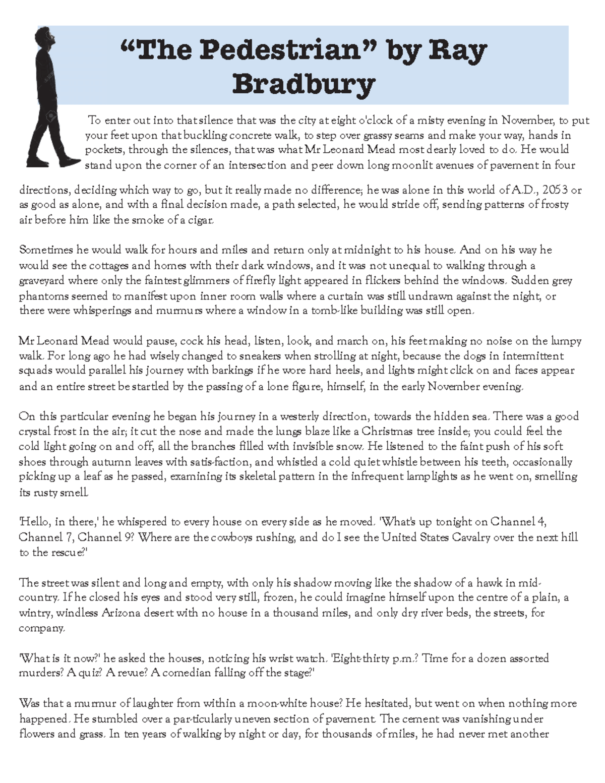 The Pedestrianby Ray Bradbury Close Readingand Analysis Unit-1 (1 ...