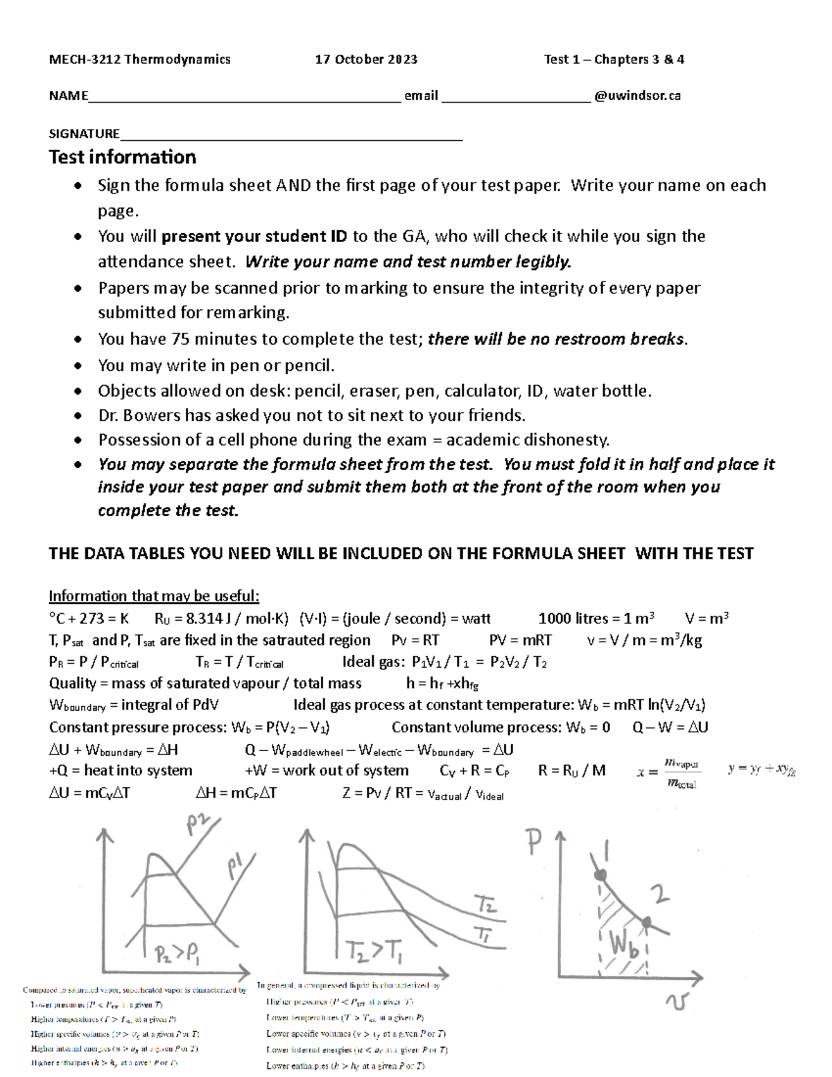 Test 1 Formula sheet - MECH-3212 Thermodynamics 17 October 2023 Test 1 ...