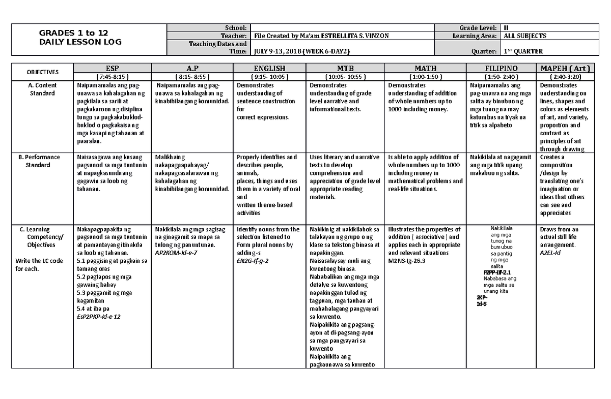 DLL ALL Subjects 2 Q1 W6 D2 - GRADES 1 to 12 DAILY LESSON LOG School ...