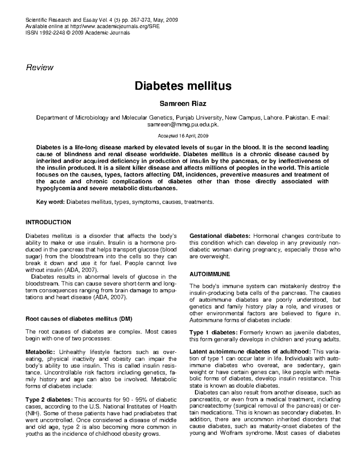 Diabetes mellitus - Very good - Scientific Research and Essay Vol. 4 (5 ...