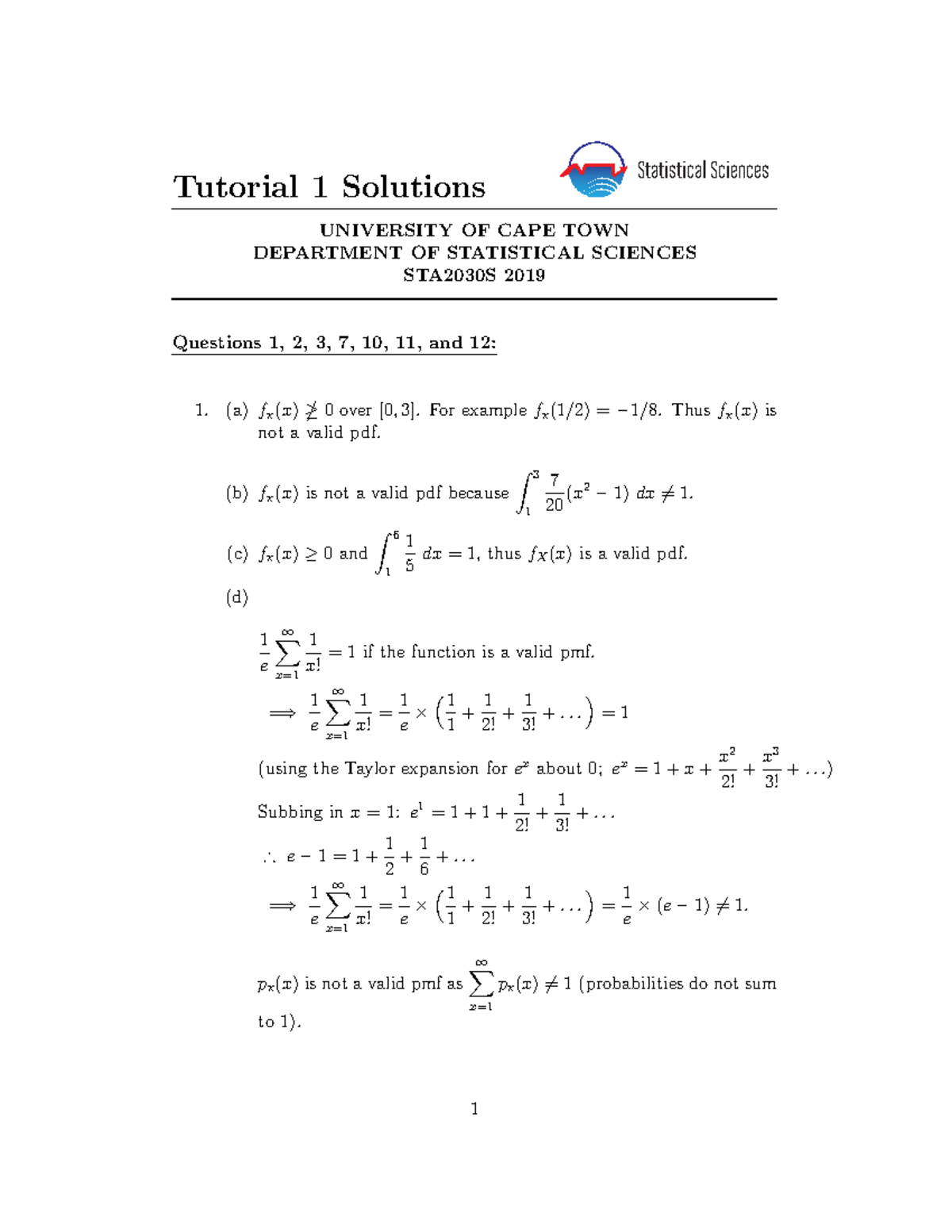 STA2030S Tutorial 1 Solutions (Chapter 1: Random variables, univariate distributions) - Tutorial ...