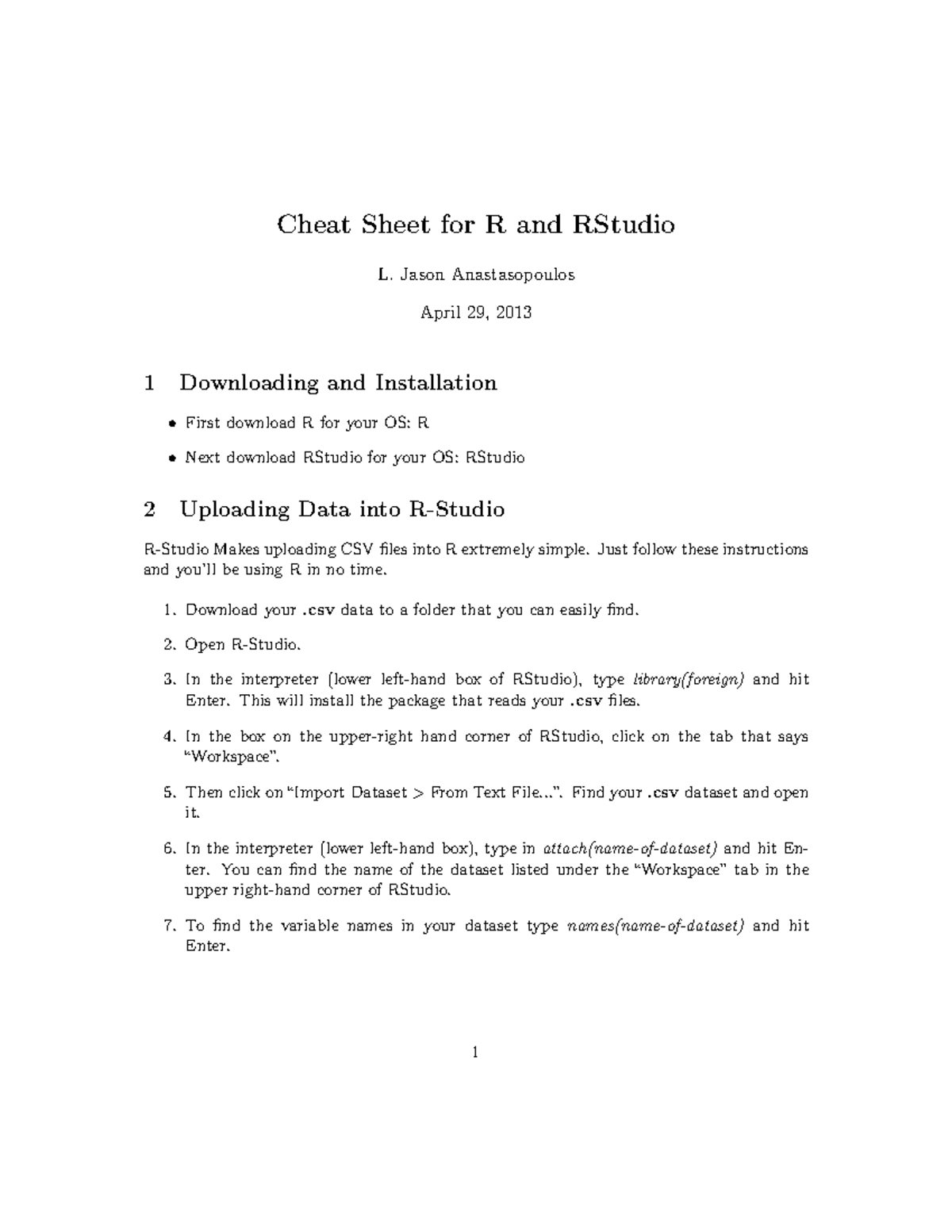 RStudio Cheat Sheet - Cheat Sheet for R and RStudio L. Jason ...
