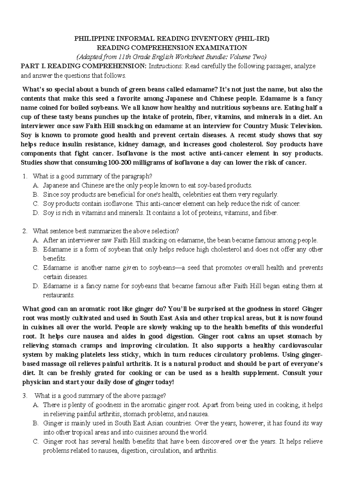 Reading Comprehension Examination - PHILIPPINE INFORMAL READING ...