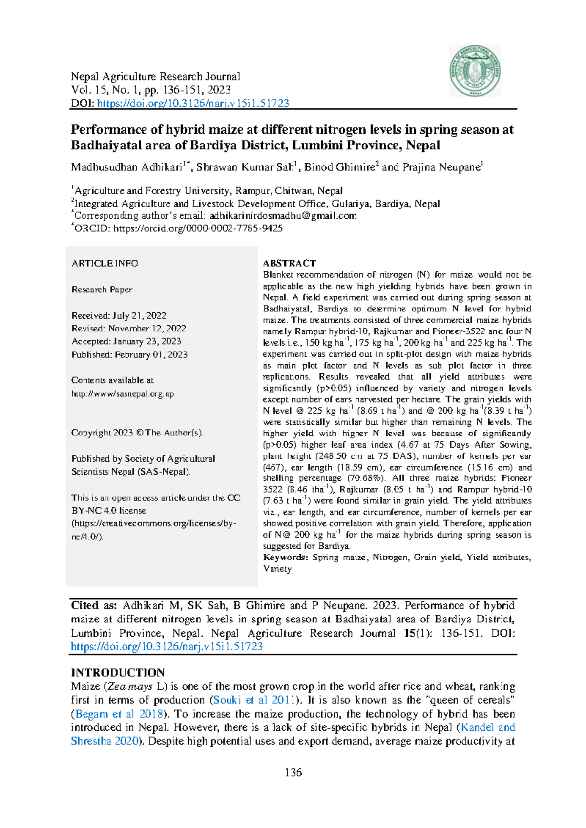 Performance of hybrid maize at different nitrogen levels in spring ...