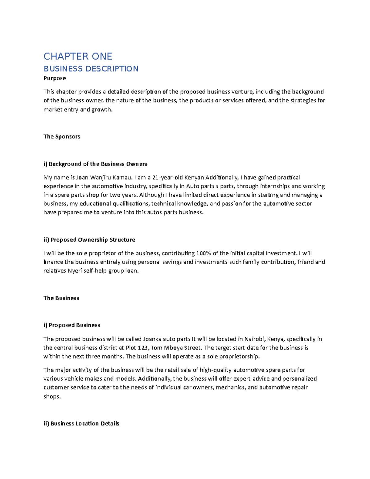 Chapter 4 - CHAPTER ONE BUSINESS DESCRIPTION Purpose This chapter ...