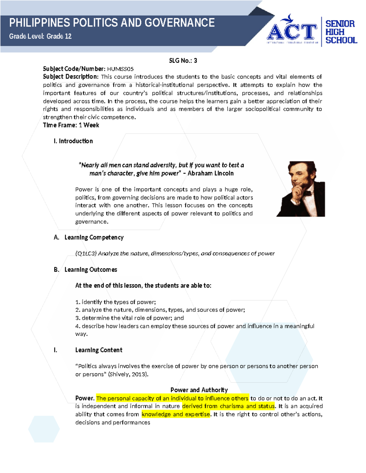 PPG- SLG-3 - Hehe - v Grade Level: Grade 12 SLG No.: 3 Subject Code ...